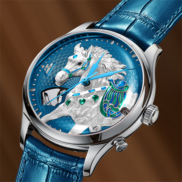 Chiming Automaton Horse Watch in Grade 5 Titanium Alloy Blue